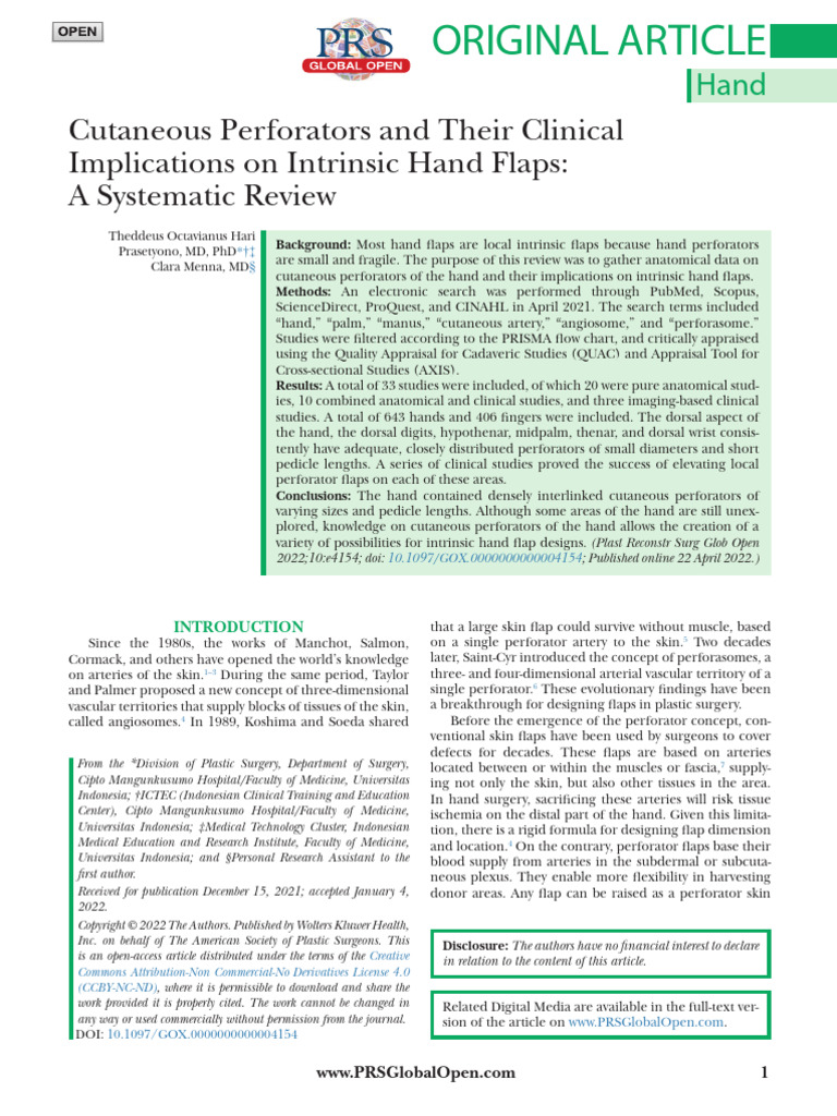 Cutaneous Perforators and Their Clinical Implicati | PDF | Hand | Thumb