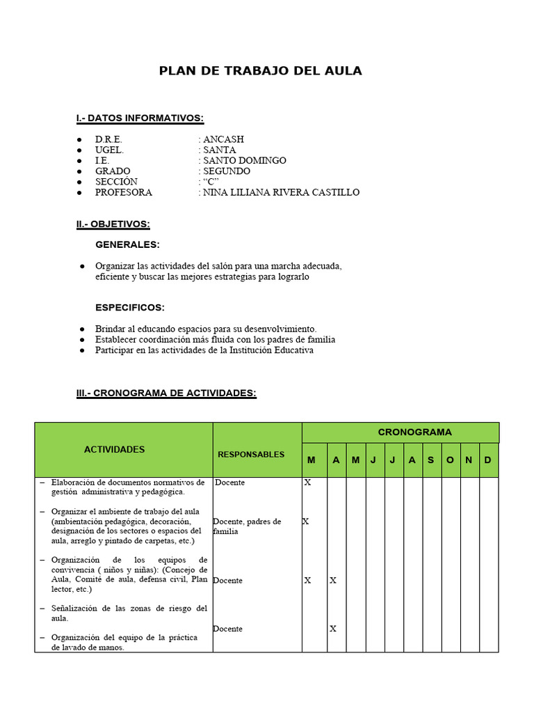 Plan de Trabajo Del Aula | PDF | Maestros | Salón de clases