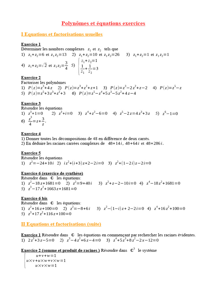 Exercices sur les polynômes et équations | PDF | Zéro d'une fonction ...