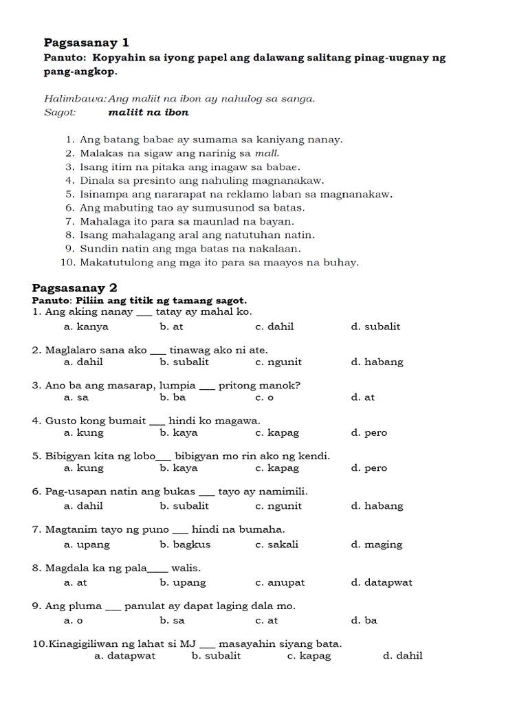 Pangatnig at Pang-Angkop Quiz | PDF