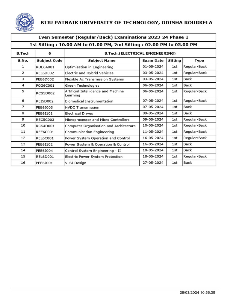 6th Sem Time Table Pdf