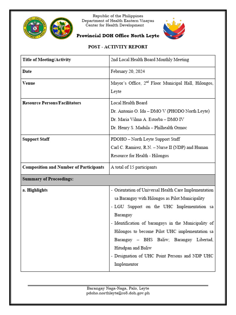 POST ACTIVITY REPORT 2nd LHB Meeting | PDF | Public Services | Health ...