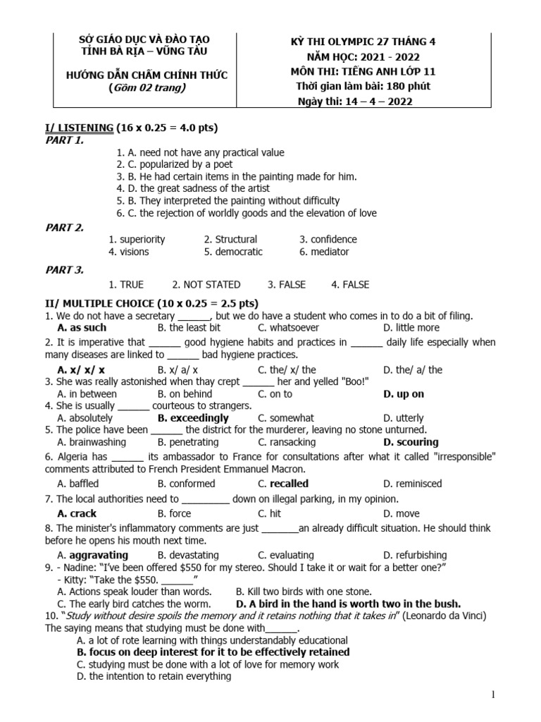 HSG Anh 11 (2021-2022) KEY 1 | PDF | Vocabulary