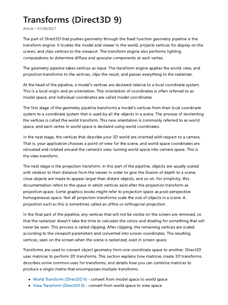 Transforms (Direct3D 9) - Win32 Apps - Microsoft Learn | PDF | Matrix (Mathematics) | Geometry