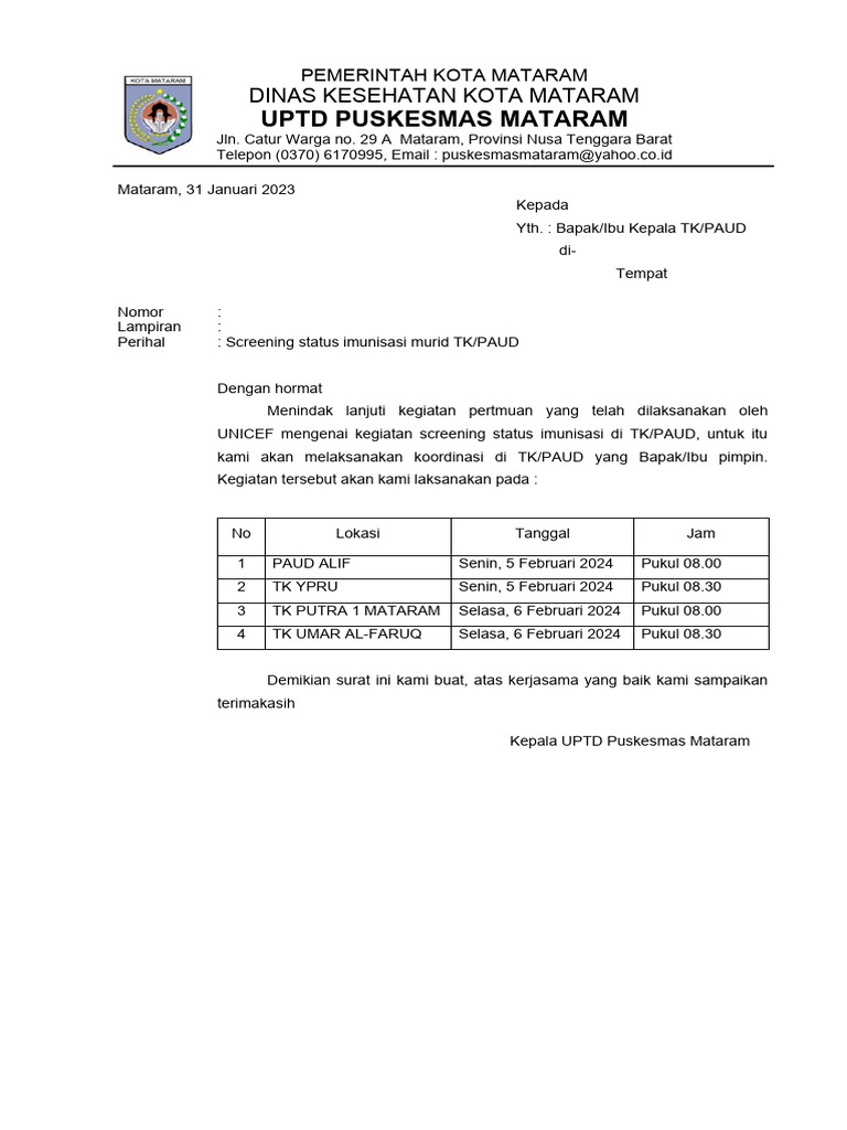 Contoh Surat Screening Paud | PDF