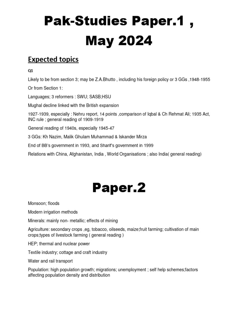 DR Iftikhar Ul Haq Pak Studies Guess Paper | PDF