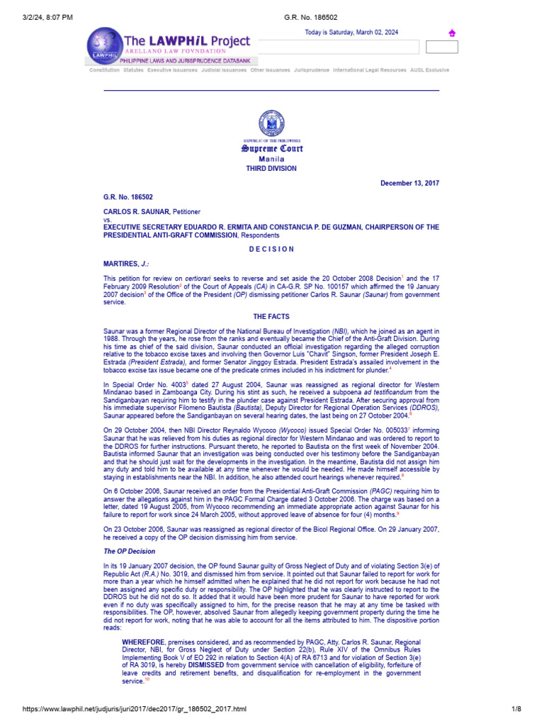 (Saunar V Executive Secretary) G.R. No. 186502 | PDF | Fourteenth ...