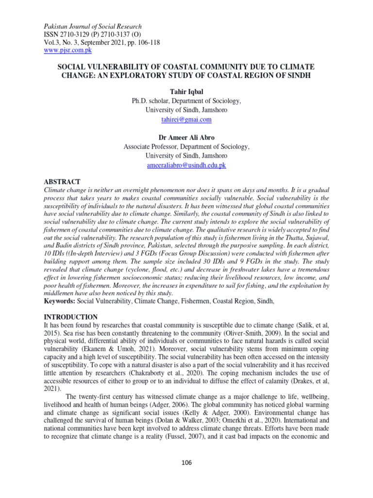 Vol 3. Issue 3. Iqbal Abro Social Vulnerability of Coastal Community Due To Climate Change | PDF ...