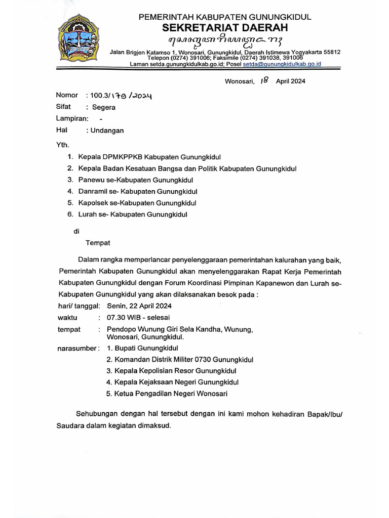 Undangan Raker Pemkab Bersama Forkopimkap Dan Lurah 2024 | PDF