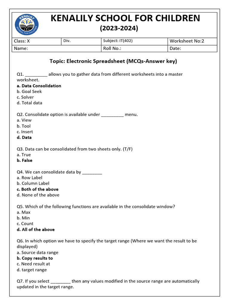 Electronic Spreadsheet MCQs Answer Key | PDF | Spreadsheet | Worksheet