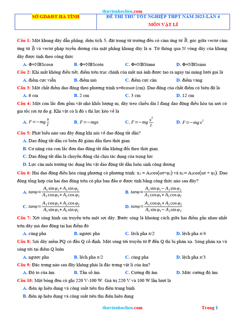 De Thi Thu 2023 Vat Li So GD Ha Tinh Lan 4 | PDF