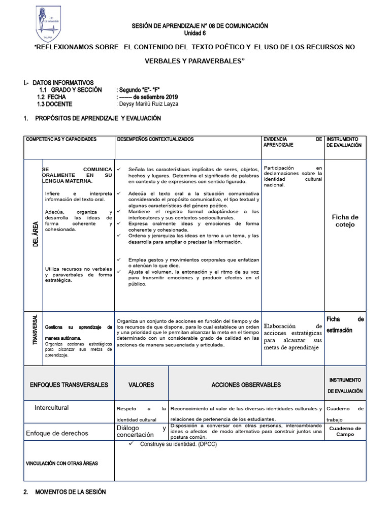 Sesión de Aprendizaje N8 Unidad 6 | PDF | Evaluación | Comunicación