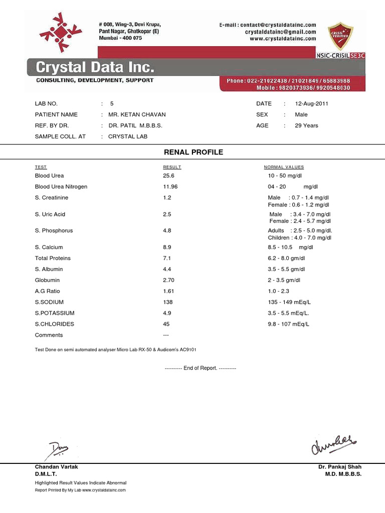 Renal Profile Report for Ketan Chavan | PDF | Creatinine | Clinical ...