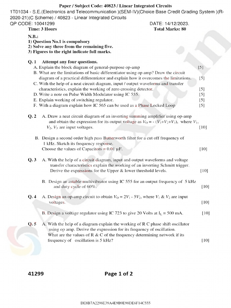 Linear Integrated Circuits (LIC) - PYQ 2023 DEC TO 2019 MAY Aeraxia - in | PDF