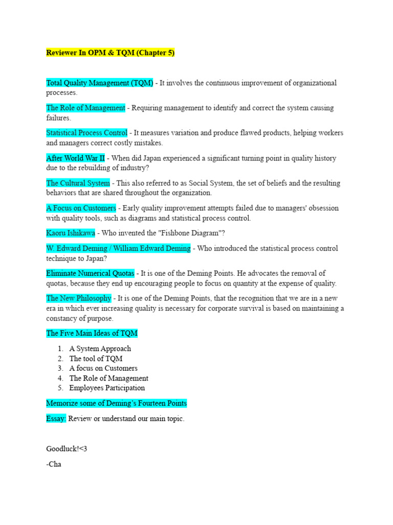 Reviewer in OPM TQM Chapter 5 | PDF | Business