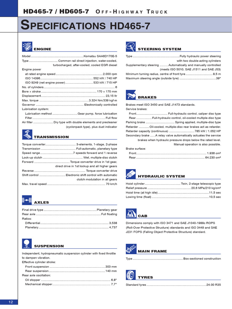 Komatsu HD465-7 Dump Truck Specs | PDF | Axle | Horsepower