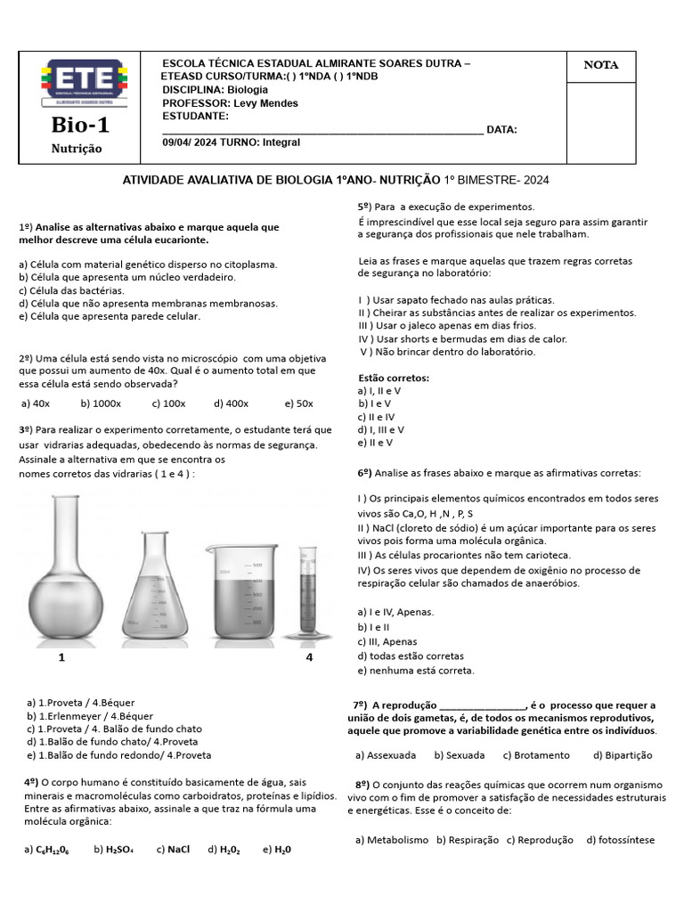 Prova de Biologia 1ano-2024 - 1º Bimestre Oficial | PDF | Célula (Biologia) | Organismos