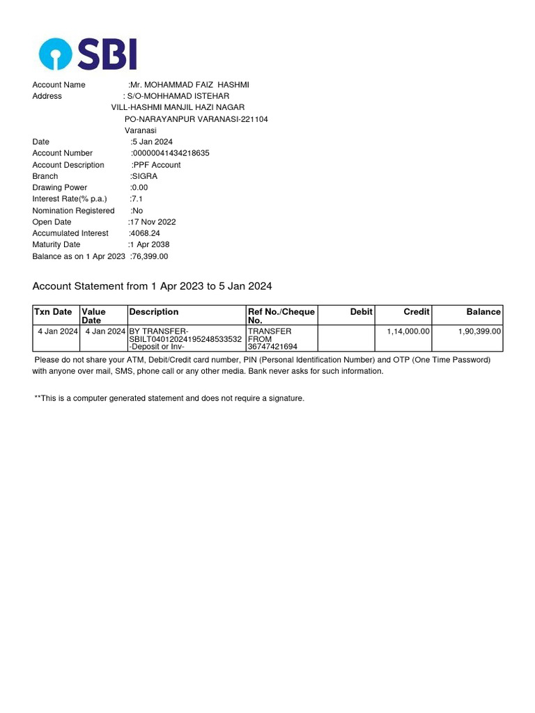 Account Statement From 1 Apr 2023 To 5 Jan 2024: TXN Date Value Date Description Ref No./Cheque ...