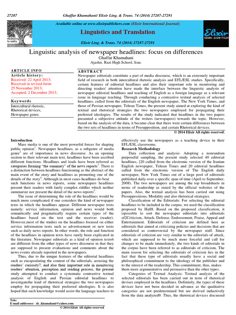 Linguistic Analysis of Newspaper Headlines Focus On Differences | PDF ...
