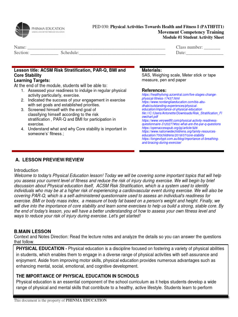 PED 030 SAS Lesson 1 | PDF | Body Mass Index | Physical Education