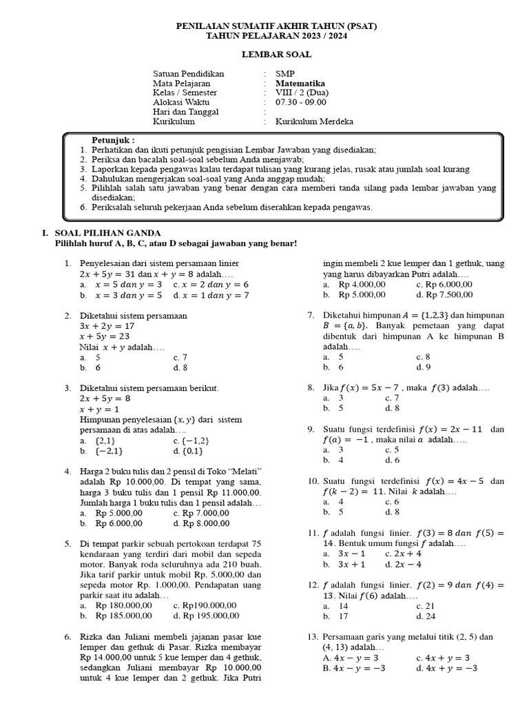 Soal Akhir Tahun Kelas 8 Terbaru 2024 | PDF