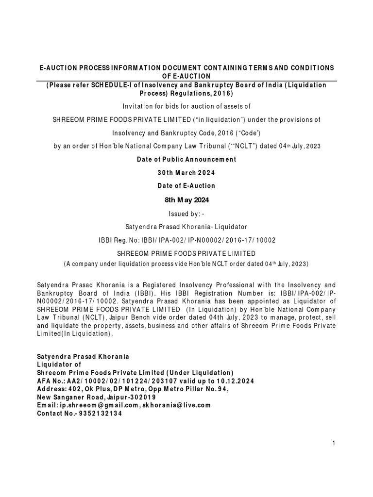 E-Auction Process Doc - 1 - 1 | PDF | Auction | Bankruptcy