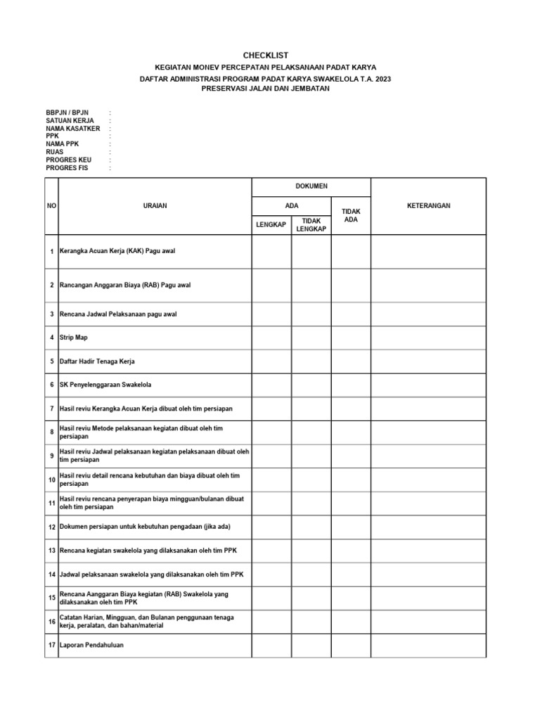 Daftar Checklist Padat Karya | PDF