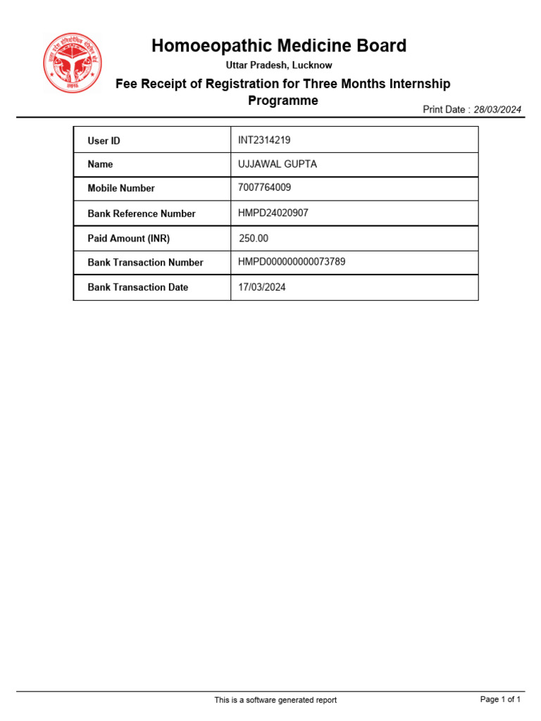 Internship Fee Receipt for Registration | PDF