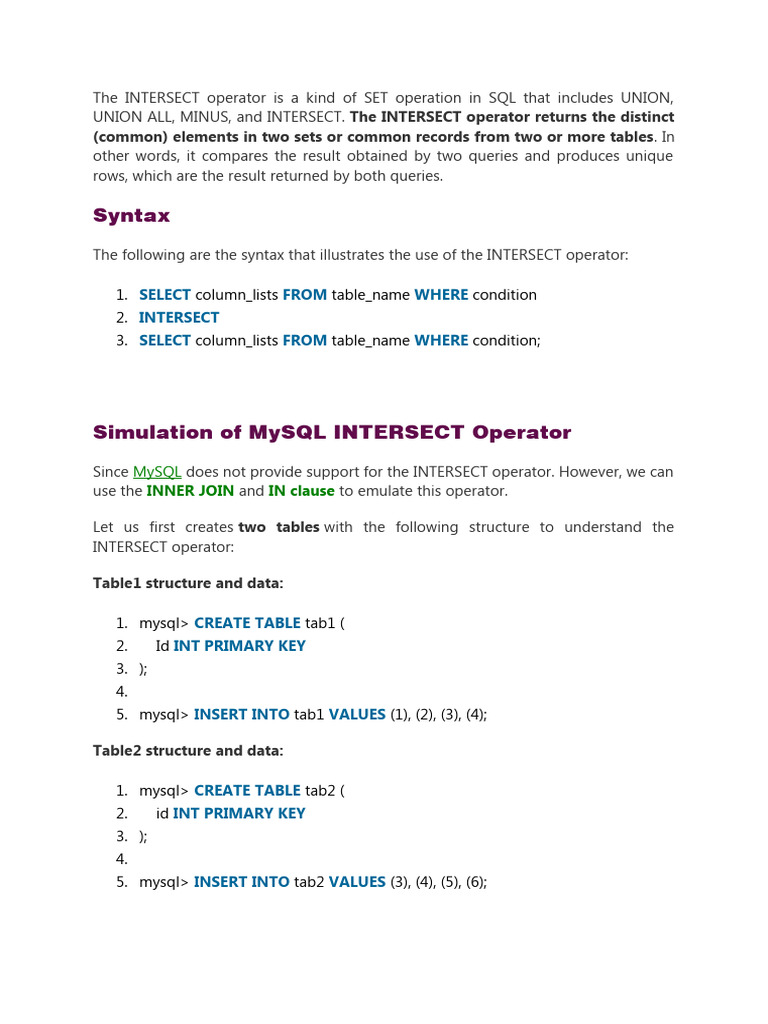 Syntax: (Common) Elements in Two Sets or Common Records From Two or More Tables. in | PDF ...