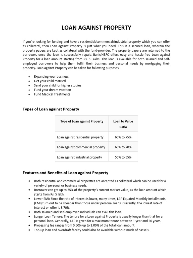 Types Of Loan Against Property Pdf Loans Mortgages