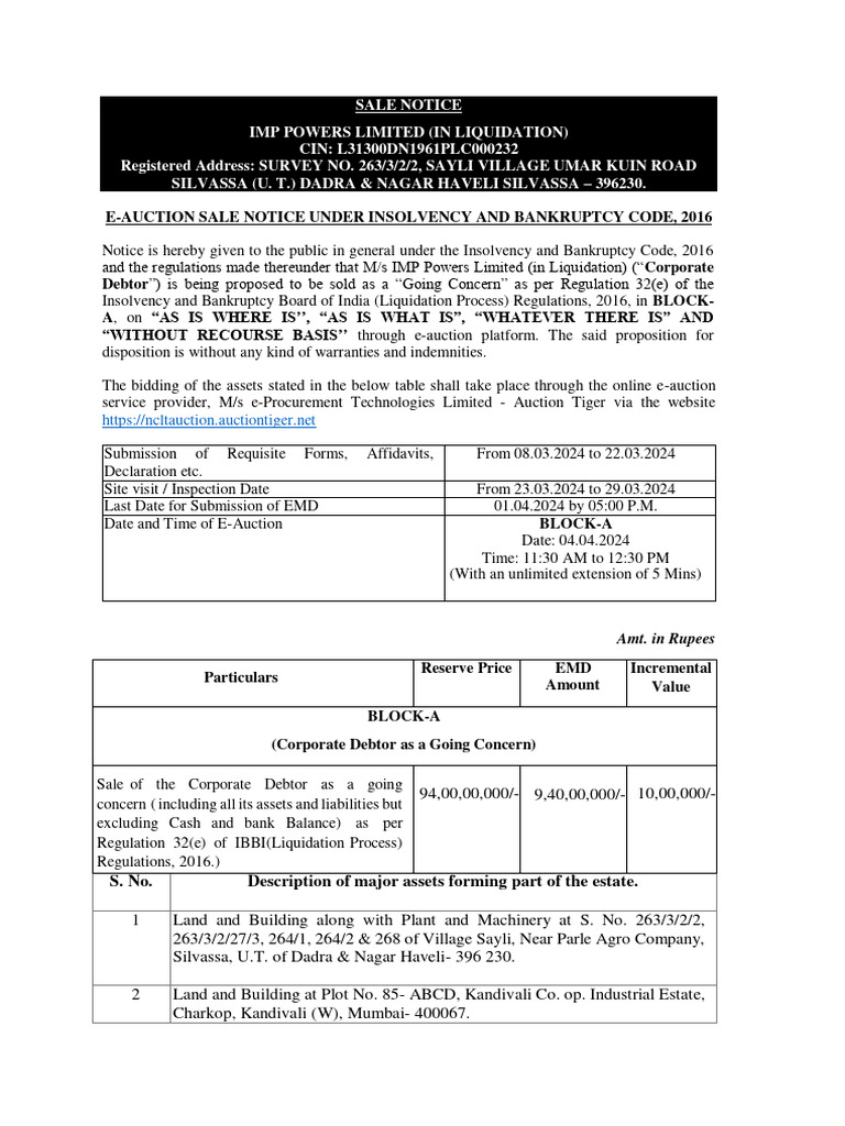 Sale Notice - IMP Powers | PDF | Bankruptcy | Private Law