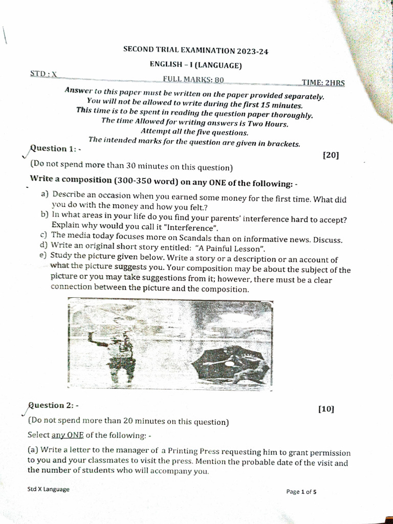 Std X Mock Language Exam Guidelines | PDF