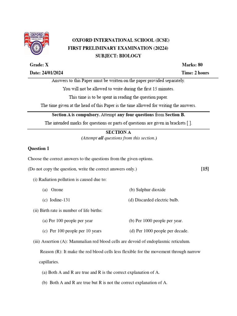10th Bio QP Prelim1 (2023-24) | PDF | Biology