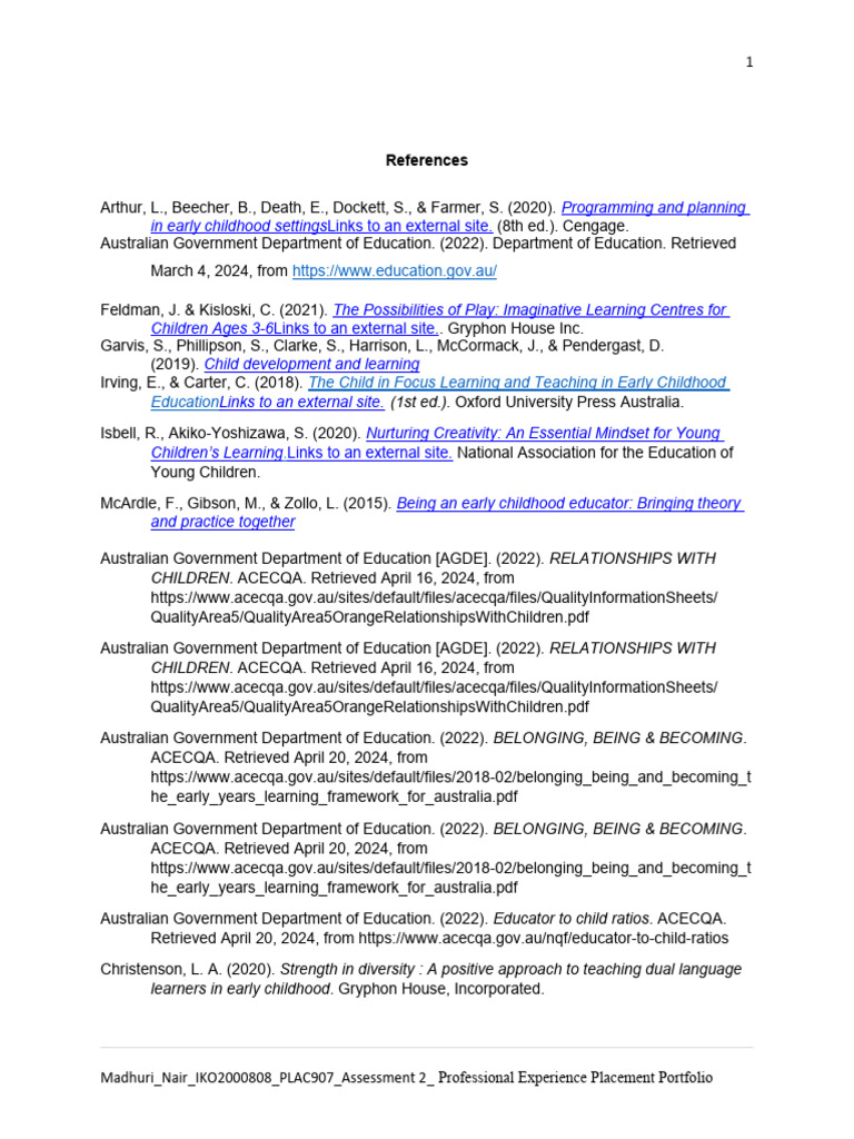 Madhuri Nair Etch203 Assessment 1 Professional Experience Placement ...