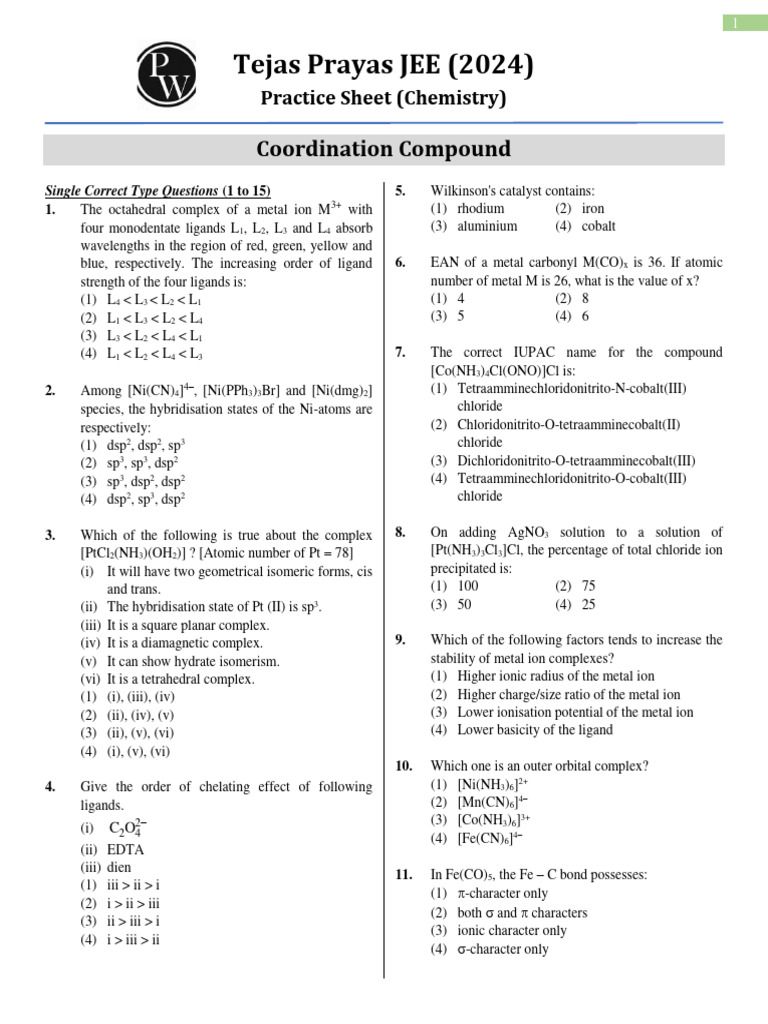 Tejas Prayas JEE (2024) : Coordination Compound | PDF | Coordination Complex | Ligand