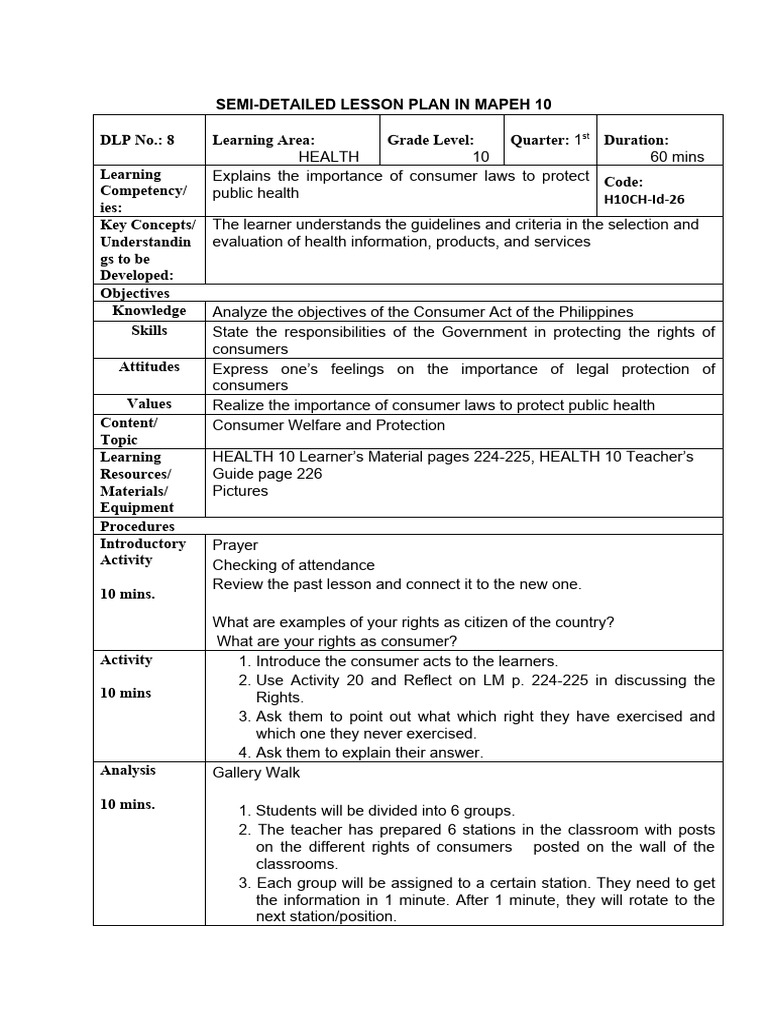 HEALTH10_L8_Q1_MELCs | PDF | Learning | Lesson Plan