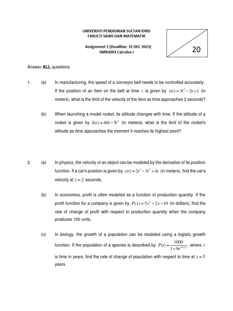 1 Soalan Assignment 1 A231 Calculus 1 | Download Free PDF | Velocity ...