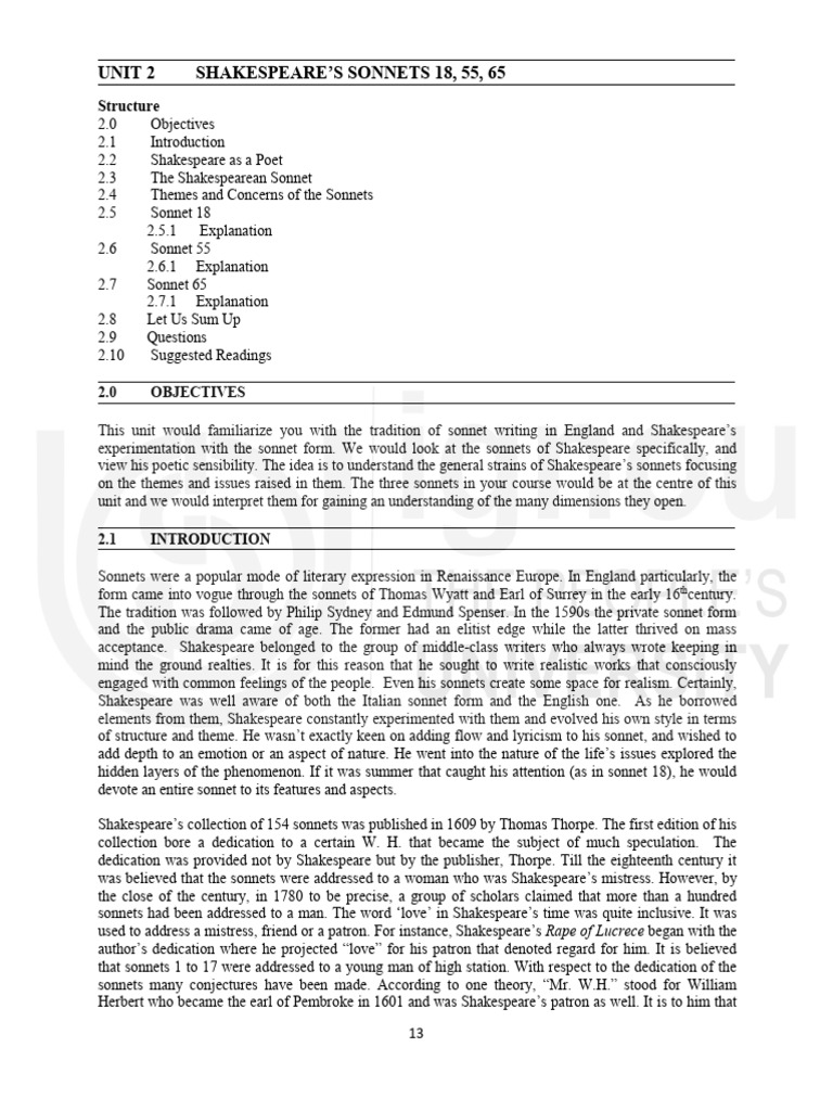 Unit-2 | PDF | Shakespeare's Sonnets | Sonnets