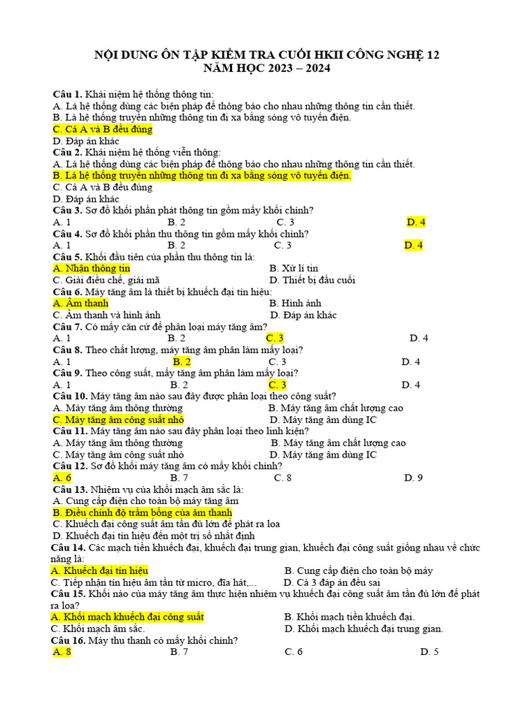 Nội Dung Ôn Tập Kiểm Tra Cuối Hkii Công Nghệ 12 (2023-2024) - Hs | PDF