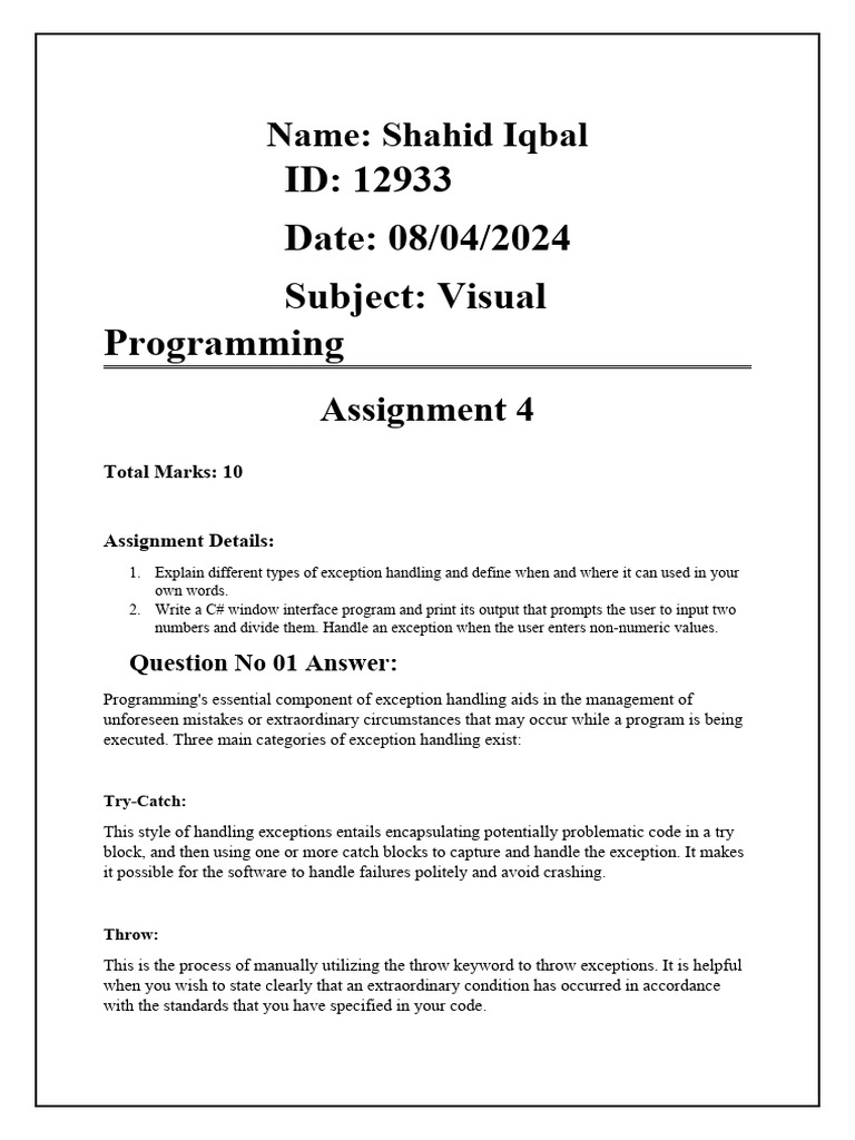 ID: 12933 Date: 08/04/2024 Subject: Visual Programming: Name: Shahid Iqbal | PDF