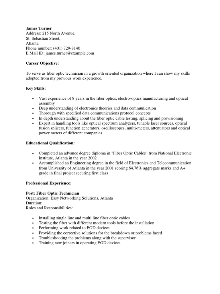 Fiber Optic Technician Resume | PDF | Optical Fiber | Telecommunication
