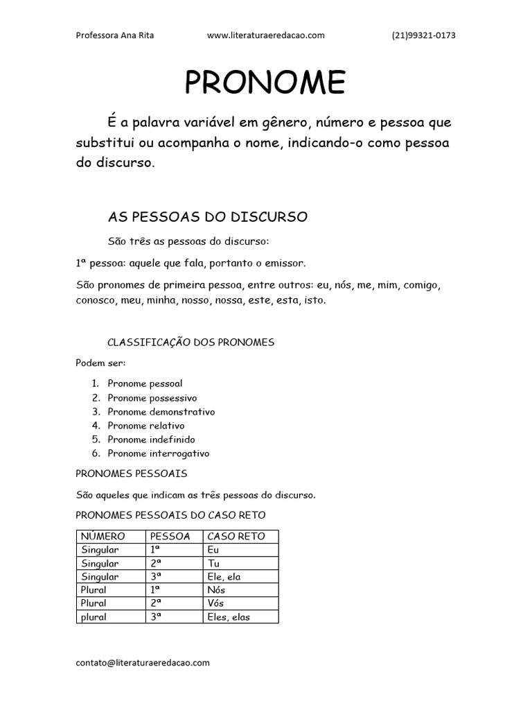 Pronomes Aula 1 | Download grátis PDF | Pronome | Linguística