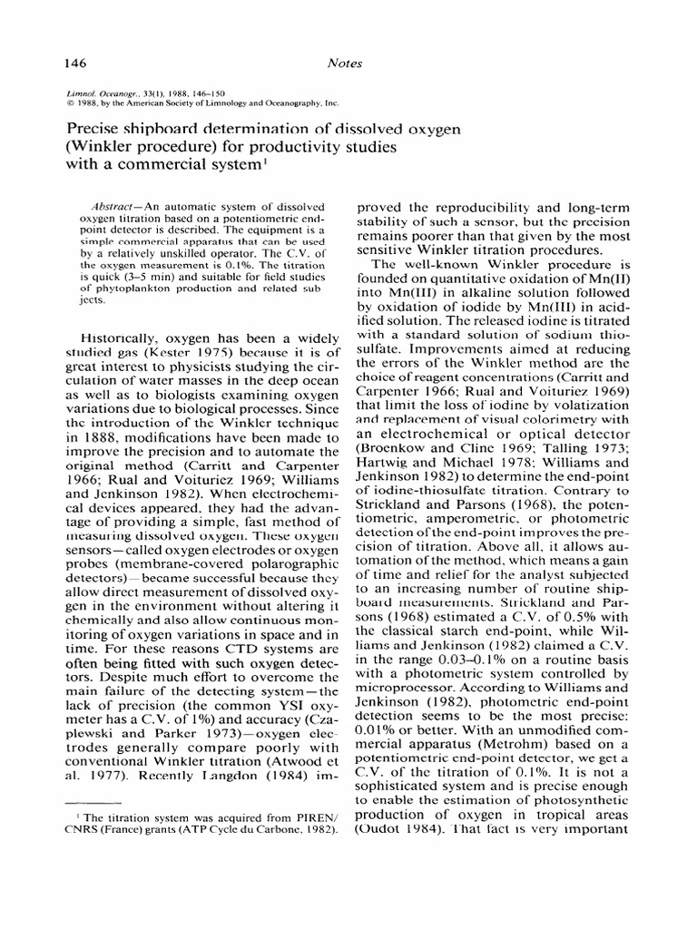 Limnology Oceanography - January 1988 - Oudot - Precise Shipboard Determination of Dissolved ...
