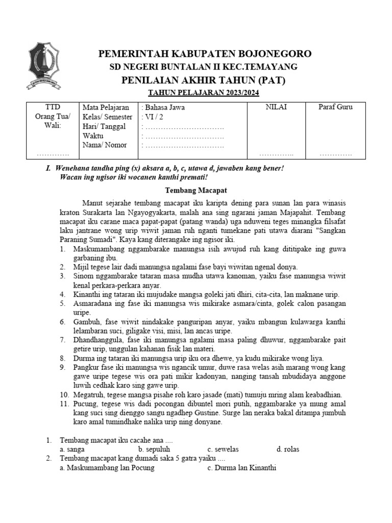 PAT Kelas 6 Bahasa Jawa | PDF