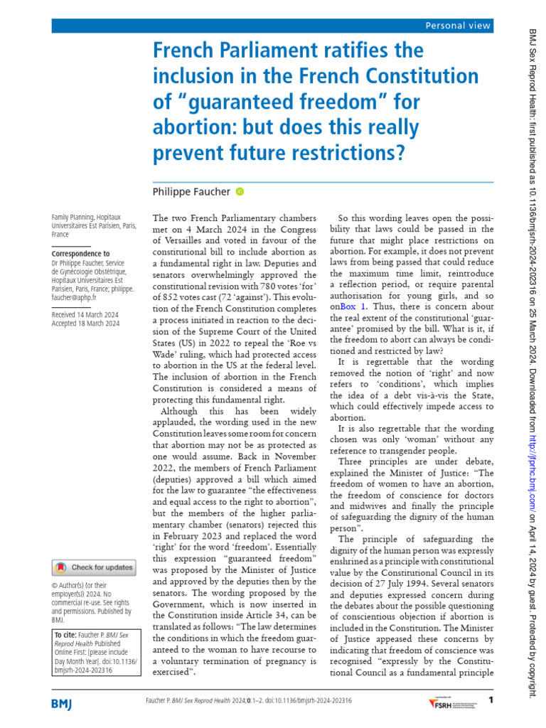 French Parliament Ratifies The Inclusion | PDF | Abortion | Dignity