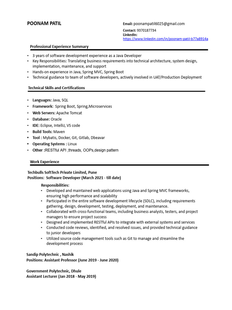 Poonam Patil | PDF | Spring Framework | Java (Programming Language)