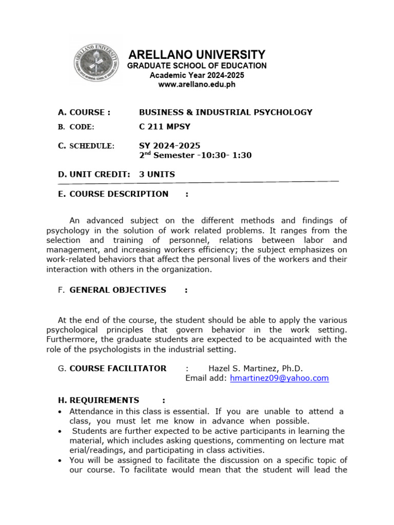 ASSIGNED TOPIC PRESENTATION Course Outline C211 | PDF | Psychology | Industrial And ...