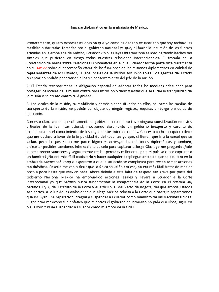 Impase Diplomático en La Embajada de México | PDF | Diplomacia | Misión ...
