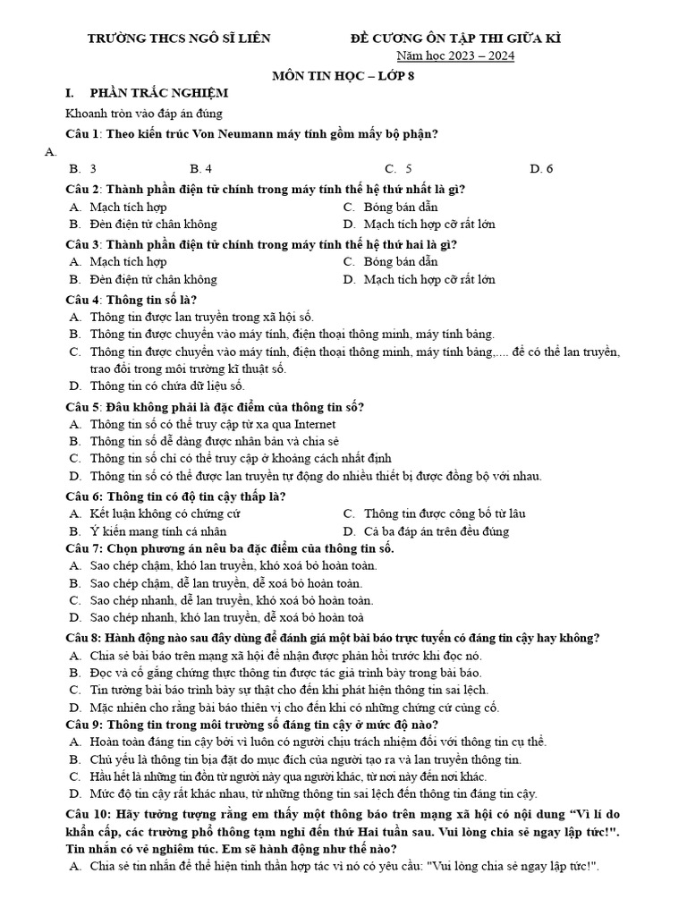 đề cương tin học gk1 | PDF