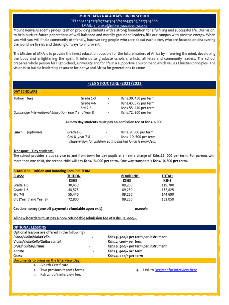 Fee Structure 2021 2022 Junior School | PDF
